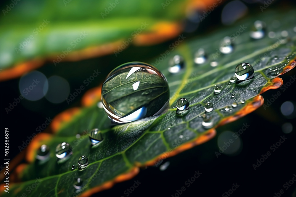 A droplet of water on a leaf, showcasing the mesmerizing reflections ...
