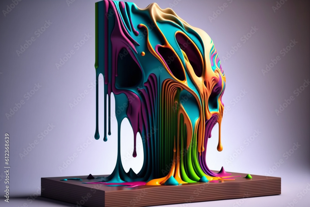 A wooden sculpture with colorful paint dripping down its intricate ...