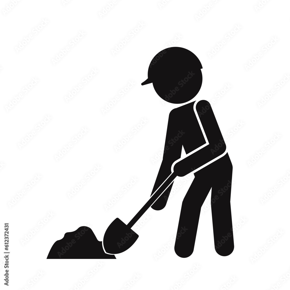 Isolated illustration of man shovel dirt with helmet, for safety sign ...