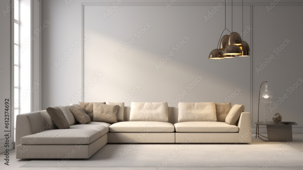 Modern minimalistic living room in light monochrome colors. Empty walls ...