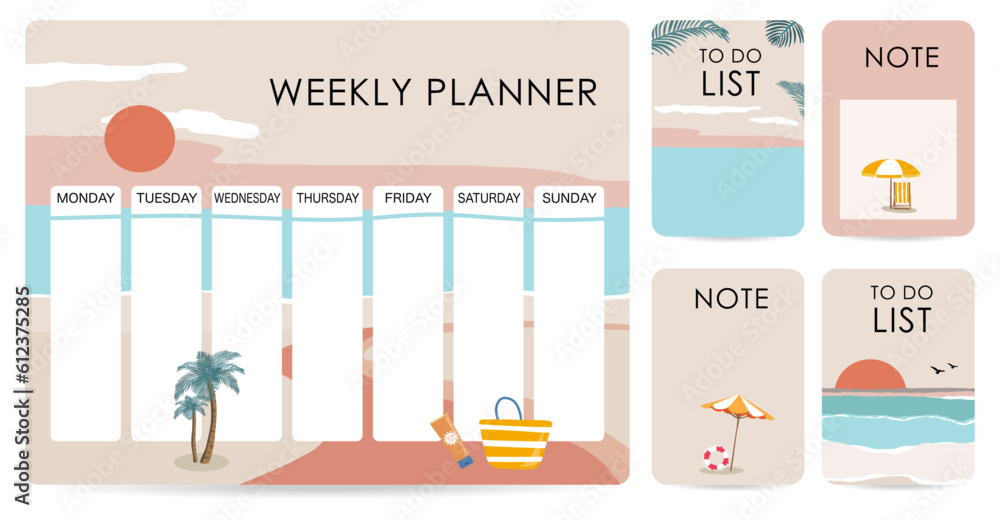 cute daily planner background with beach,sun,sea,sand.Vector ...