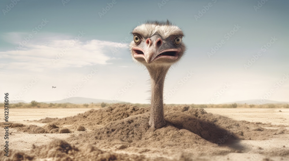 A goofy ostrich burying its body in the sand, leaving only its long ...