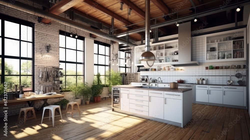 Stylish spacious loft style kitchen with dining area. White fronts ...