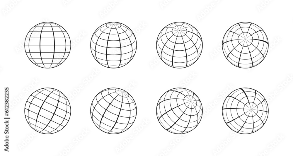 Earth globe made by grid from different sides. Set of 3d globes, grid ...