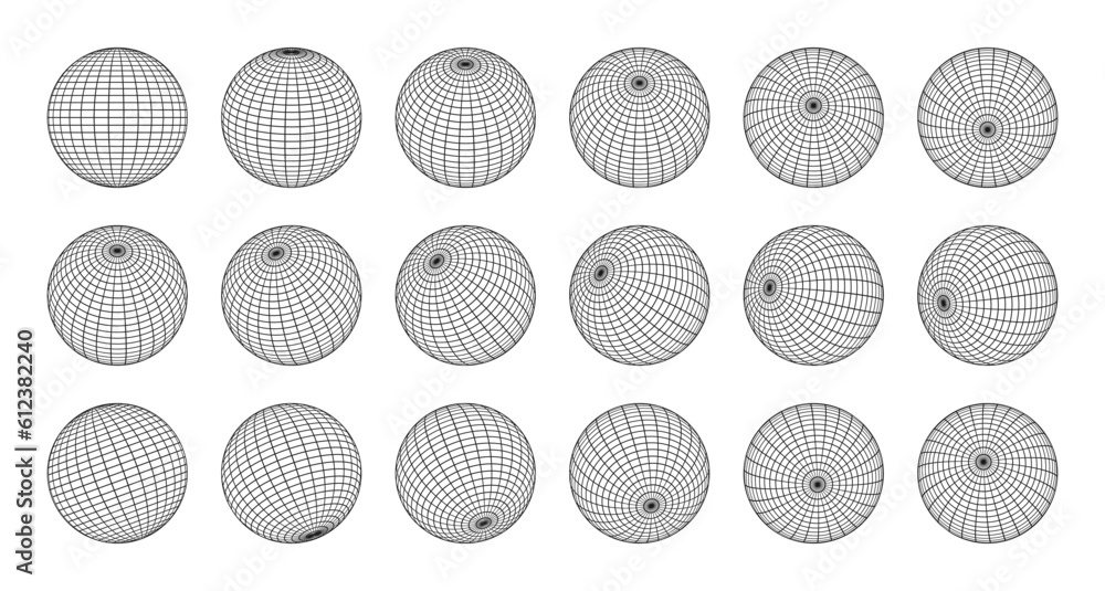 Earth globe made by grid from different sides. Set of 3d globes, grid ...