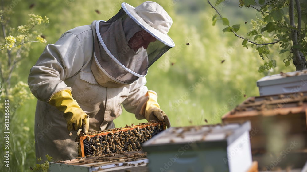 beekeeper collects honey. The process of collecting honey in the apiary ...