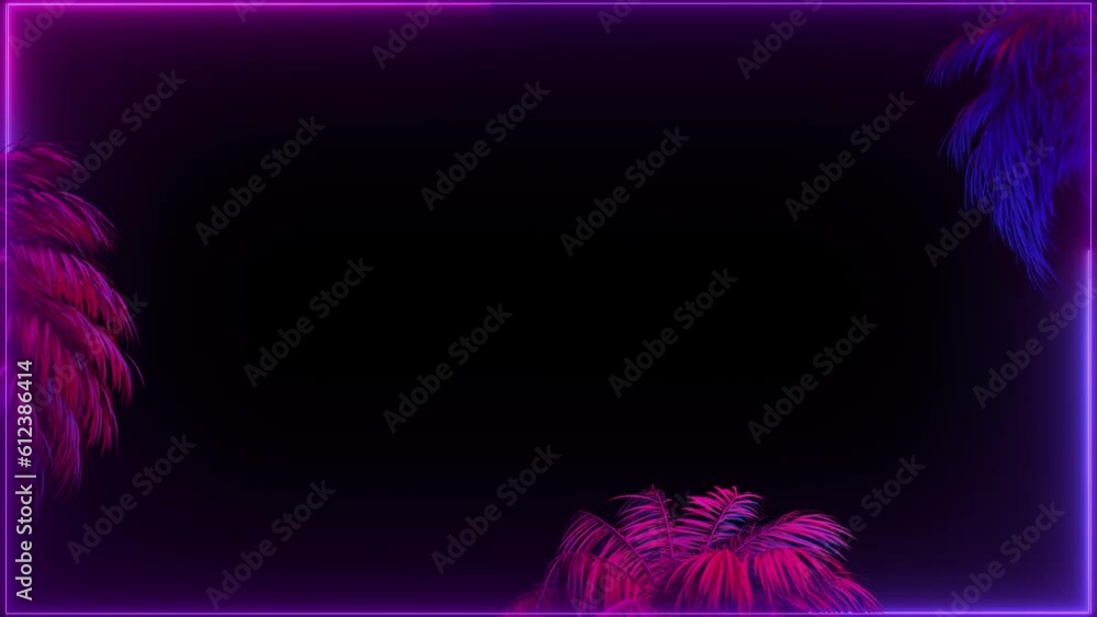 This stock motion graphic shows a frame of glowing neon palm trees and racing lights with space ...