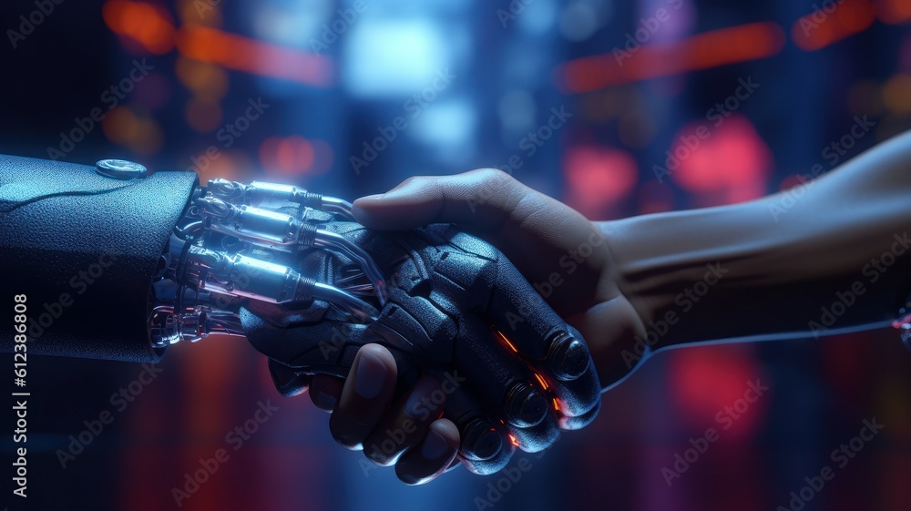 Handshake of a cyborg and a human on a red-blue blurred background ...
