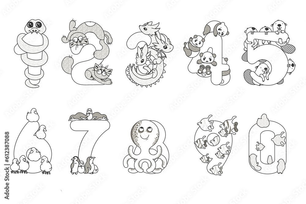 Black and white figures with animals: snake, cats, beavers, penguins ...