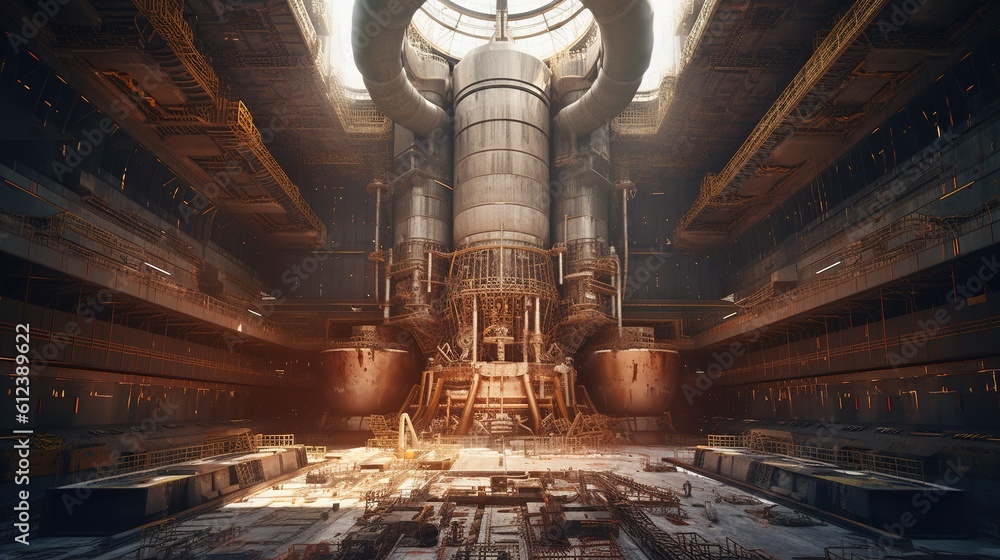 Industrial zone background concept with a reactor at the center ...