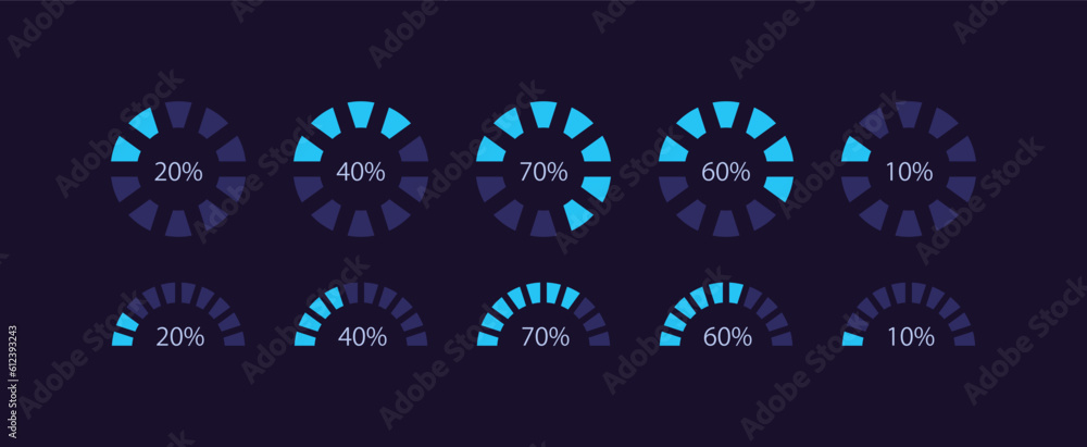 Radial wheel progress infographic chart design template set for dark theme. Loading circle ...