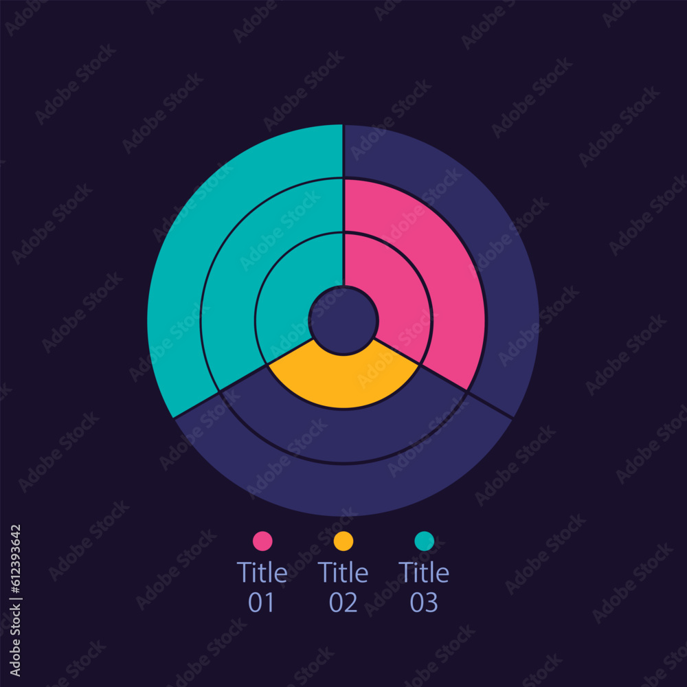 Radial infographic diagram design template for dark theme. Three rings ...