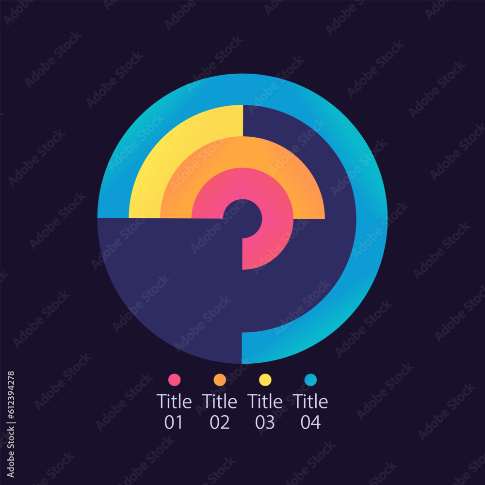 Radial bar infographic chart design template for dark theme. Four grid ...