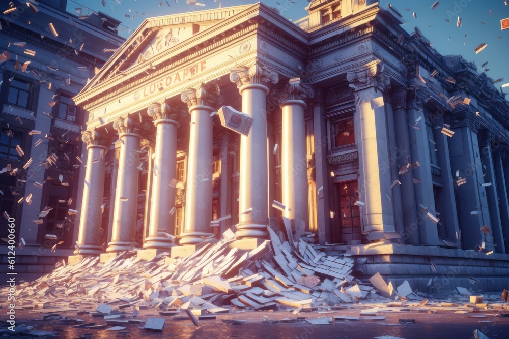 The bank building is collapsing. Bank bankruptcy. Destruction of a ...