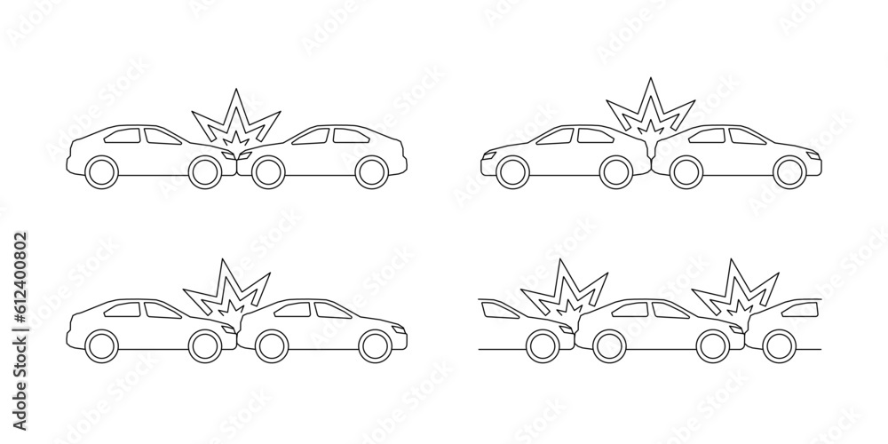 Car crash, accident of transport, line art icon set. Side, frontal and ...