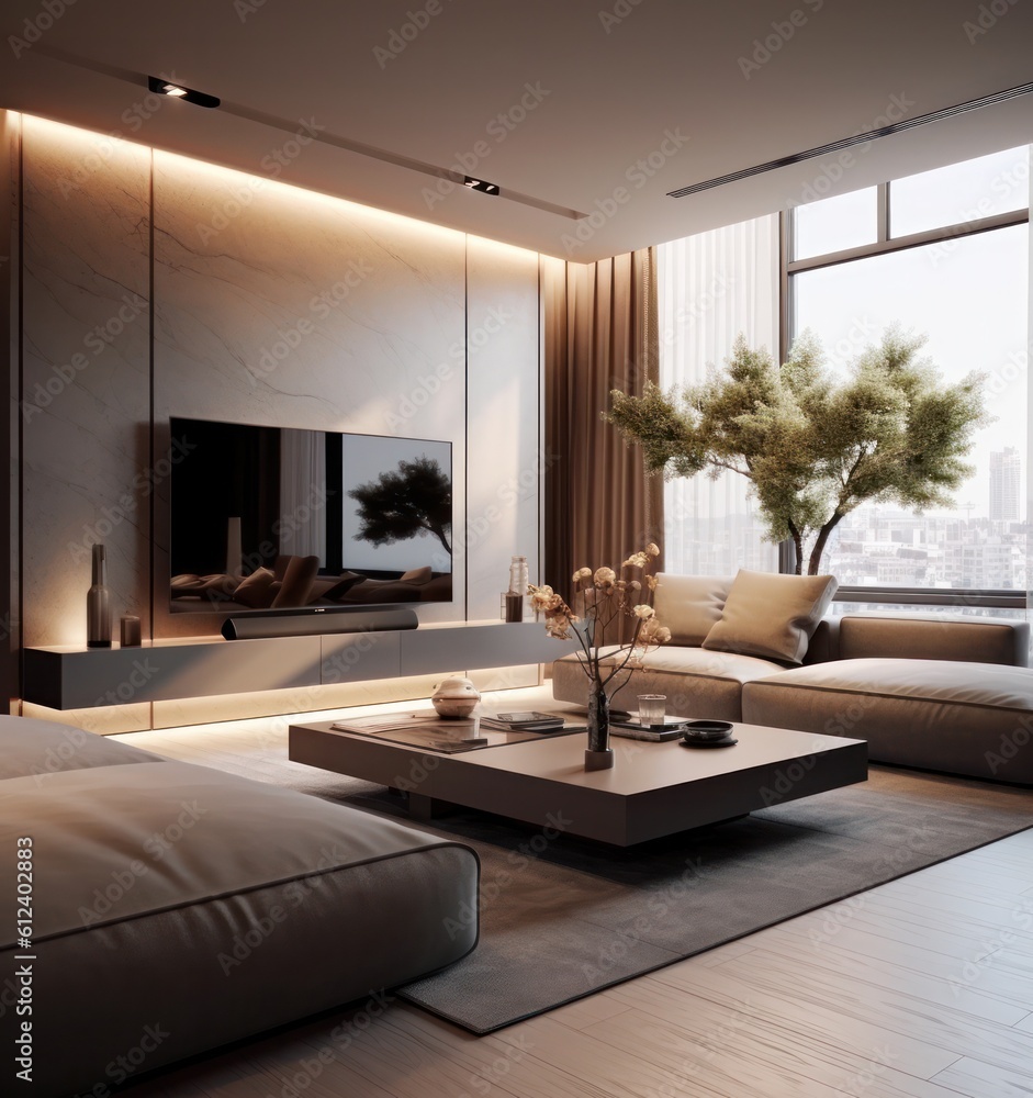 Interior design showcase featuring a luxurious living room in a modern ...