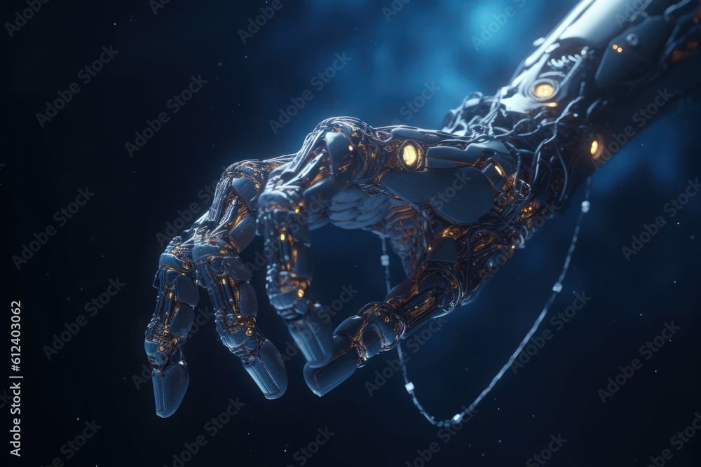 Bionic robot arm. Cyborg metal hand on a blurred blue background. AI ...
