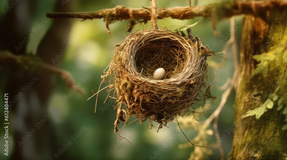 A cozy bird nest hangs from a tree in the middle of a lush green forest ...