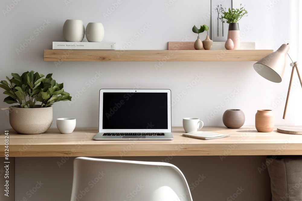 E a modern home office setup with a sleek laptop placed on a clean ...