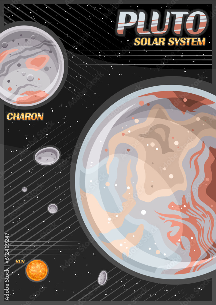 Vector Poster for Pluto, vertical banner with illustration of rotating ...
