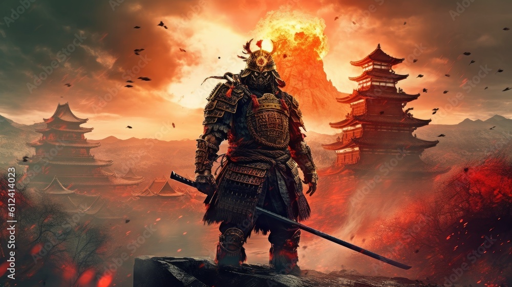 Samurai warrior in armor and mask against the background of a burning ...
