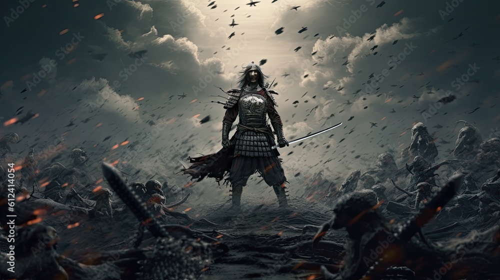 A samurai warrior with a katana stands ready to fight against a huge ...