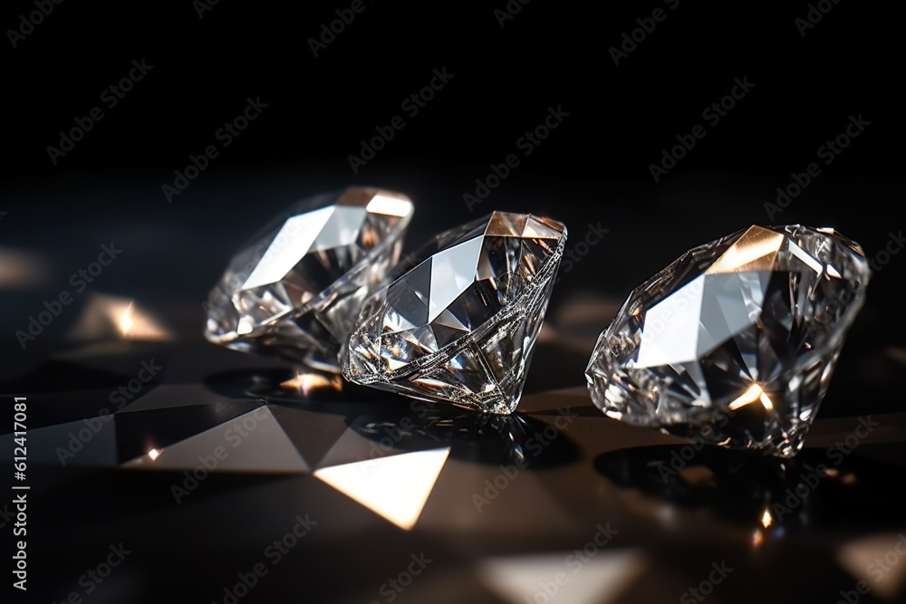 three diamonds on a shiny surface with reflections on the surface and a ...