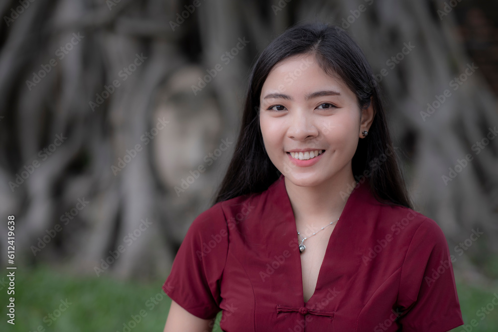 Portrait woman with smile in Myanmar Traditional in Ayutthaya, Thailand ...