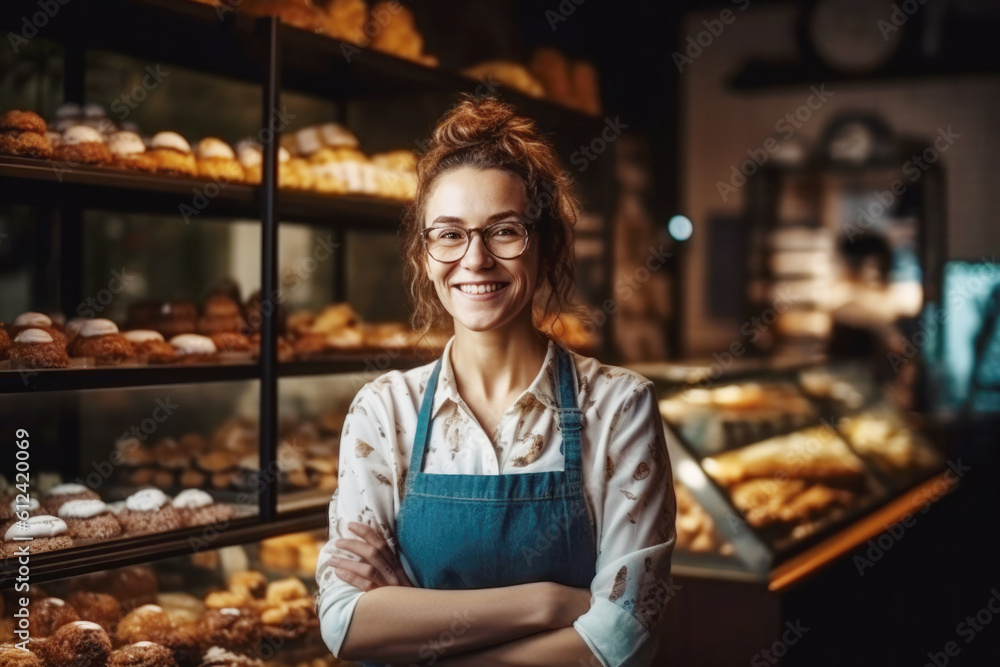 Happy small pastry shop owner, smiling proudly at her store. Cheerful ...
