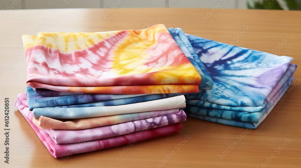 a stack of tie - dyed cloths sitting on a wooden table with a plant in ...