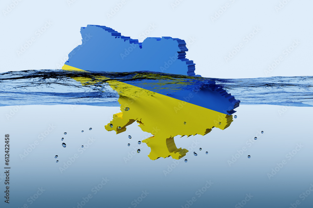 Model of Ukrainian map sinking in clear water on sky background ...