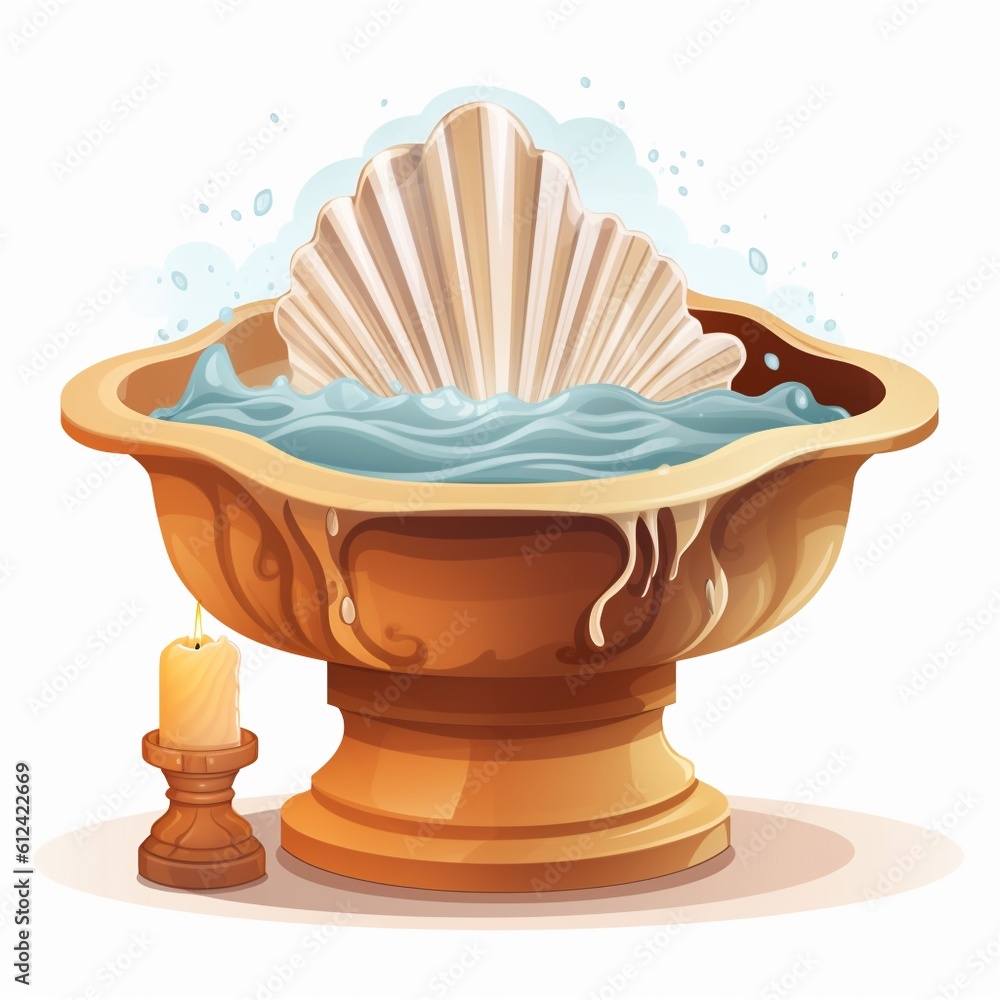 Cartoon baptismal font and shell with symbolic significance in ...