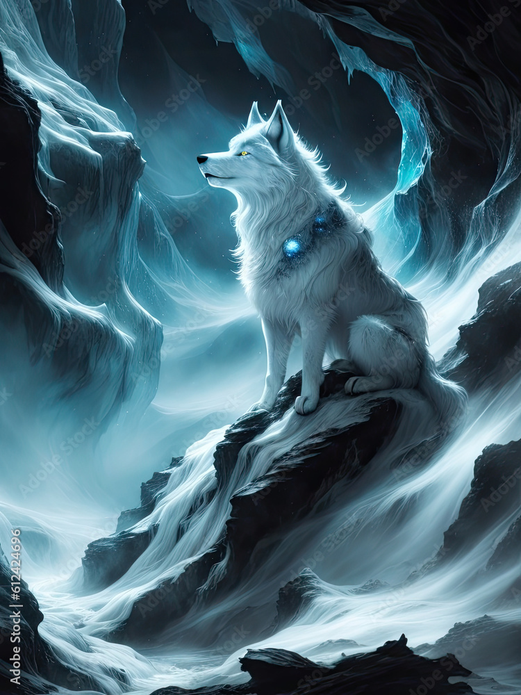 ภาพประกอบสต็อก Generative Ai arctic wolf, fantasy wolf, The snowy ...