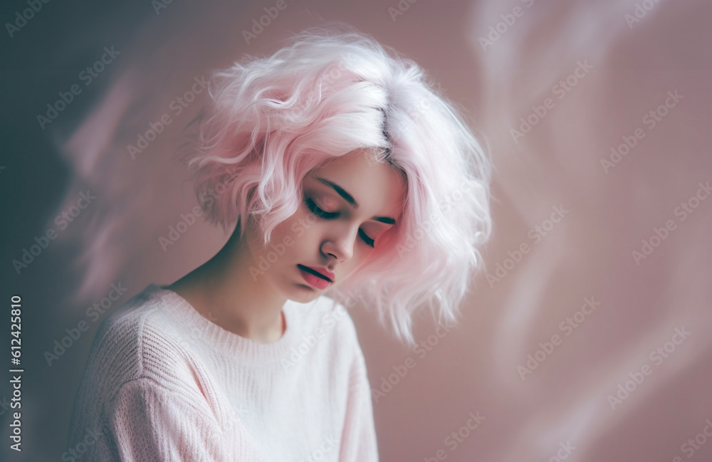 A portrait of a teenage girl with pink hair. Sad, depressed Gen Z girl ...