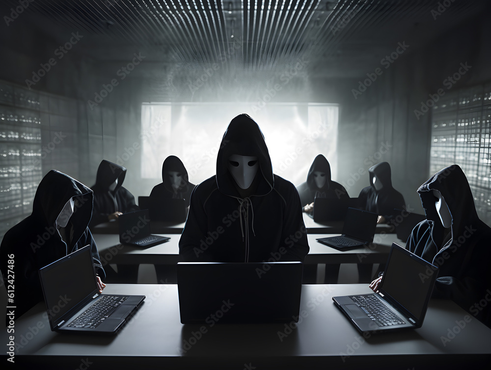 Hackers with hoodies. Hacker group, organization or association. AI generated Stock Illustration ...