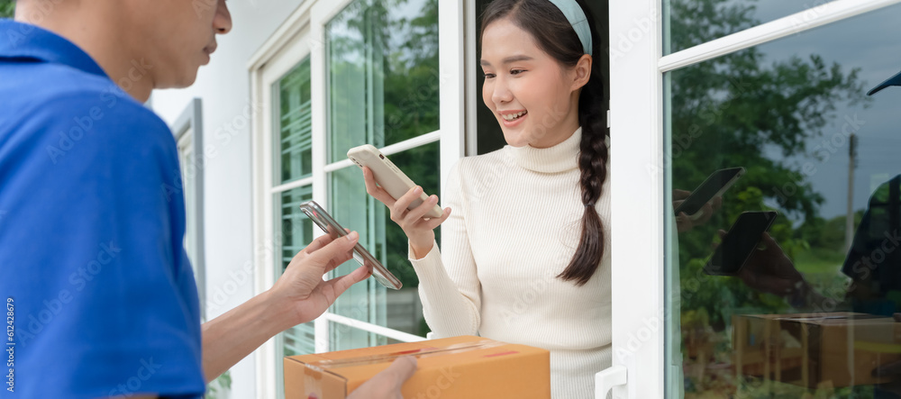 happy smile asian woman scan qr code for pay of food. delivery m, paper ...