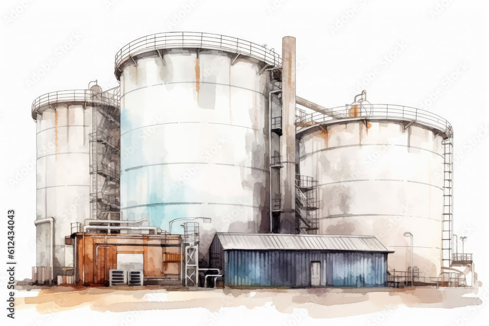 Watercolor drawing paint of industry zone, refinery power plant energy ...