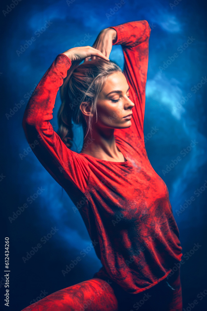 Woman model in dynamic pose with arms over head, wearing red long ...