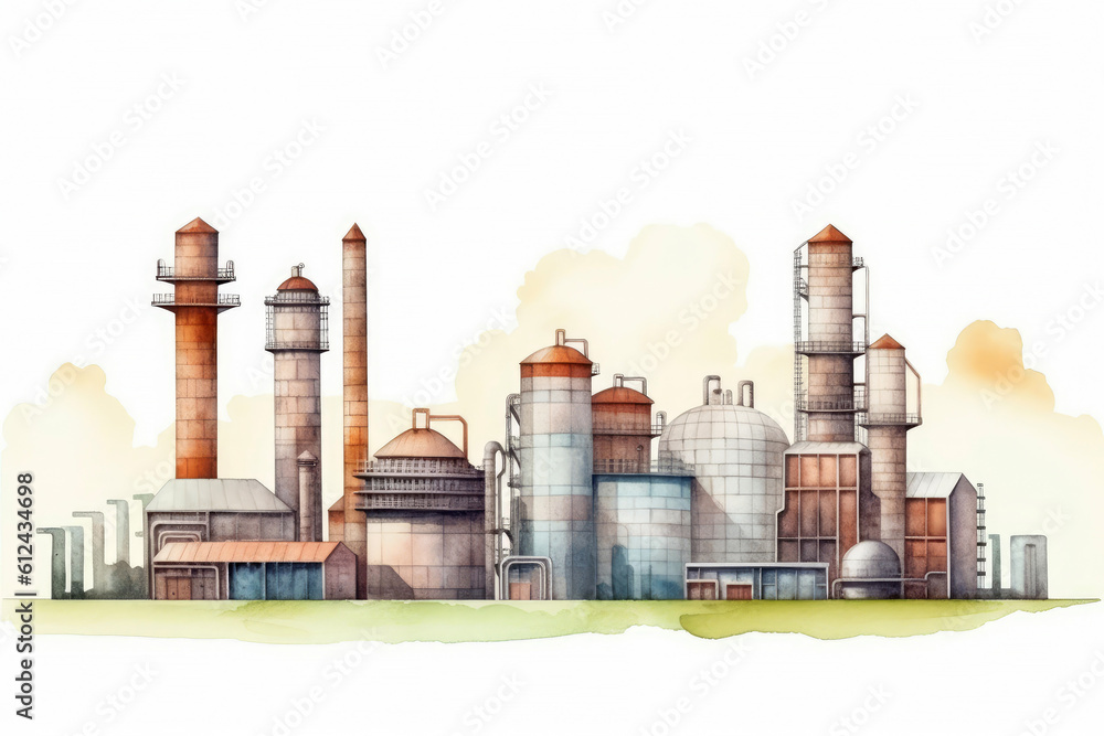 Watercolor drawing paint of industry zone, refinery power plant energy ...