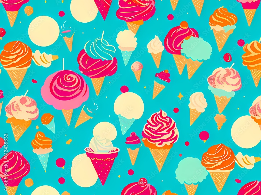 Background with ice cream cones and scoops. Funny ice cream cones and ...