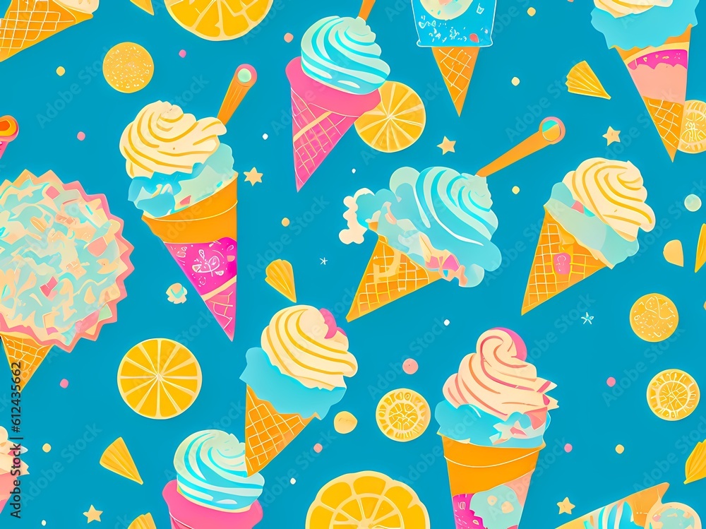 Background with ice cream cones and scoops. Funny ice cream cones and ...