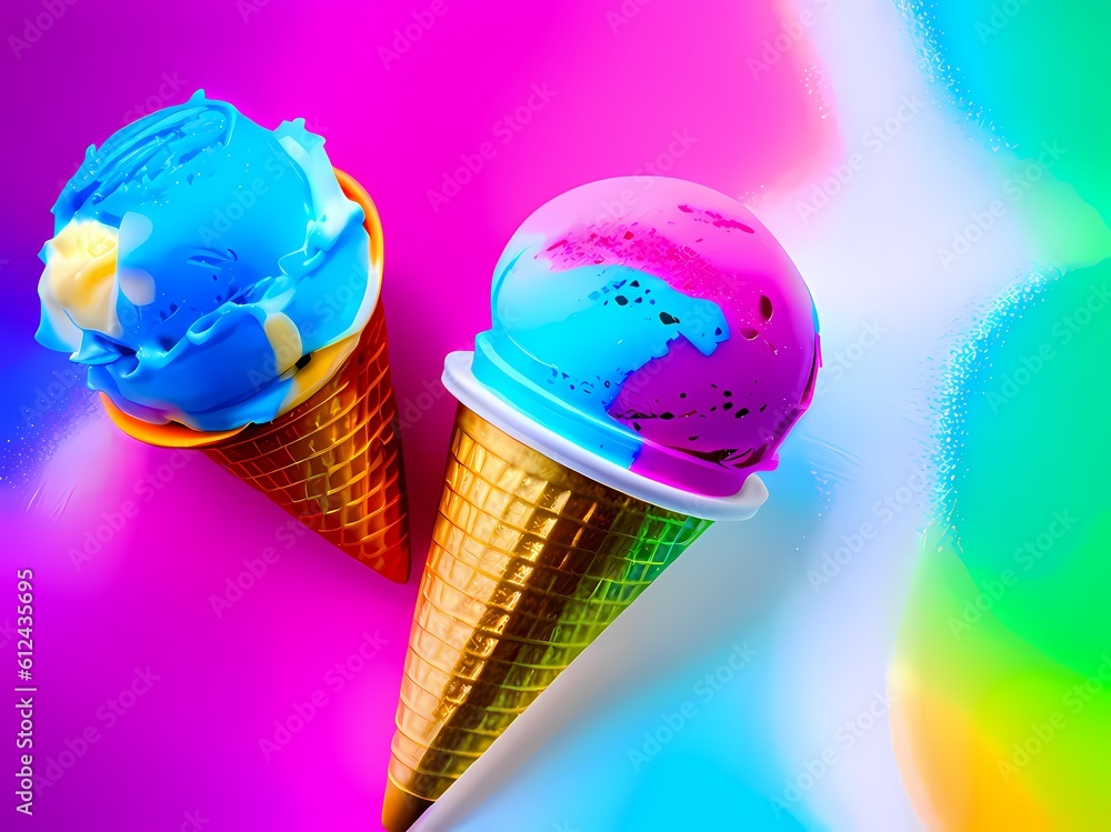 Rainbow ice cream cones and scoops. Funny ice cream cones and scoops in ...