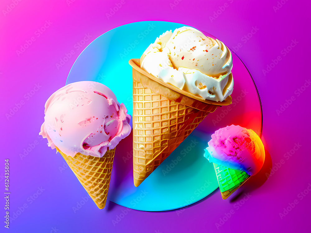 Rainbow ice cream cones on a plate. Funny ice cream cones and scoops in ...