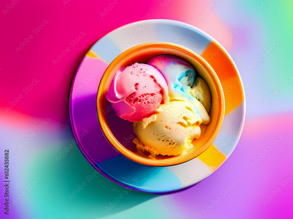 Rainbow ice cream cones on a plate. Funny ice cream cones and scoops in ...