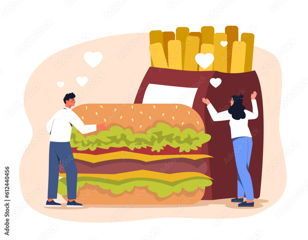 People with unhealthy food concept. Man and woman standing near large ...