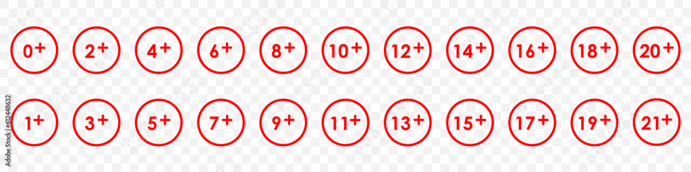 Age limit icons. 18+, 3+, 21+ and other age restriction signs, stickers ...