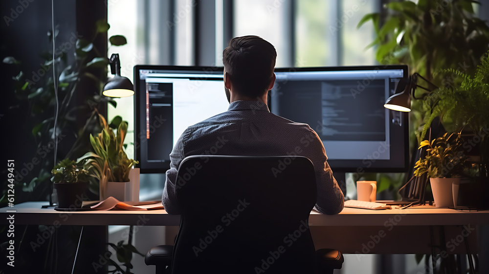 Stock Trader Man Using Multiple Monitors. Back view.Created with Generative AI technology. Stock ...