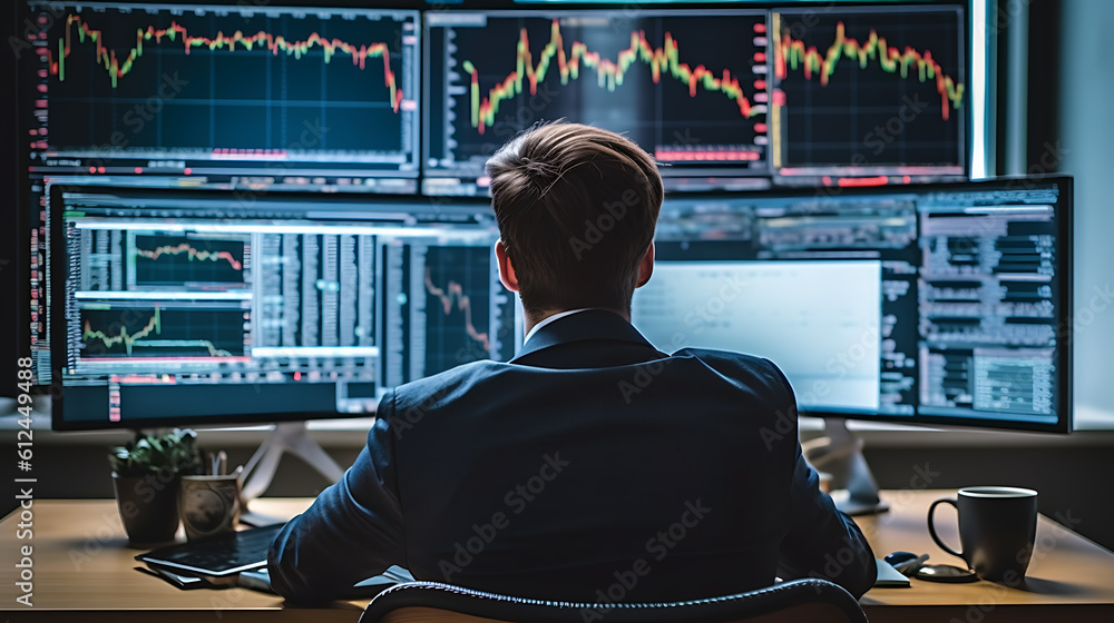 Stock Trader Man Using Multiple Monitors. Back view.Created with Generative AI technology. Stock ...