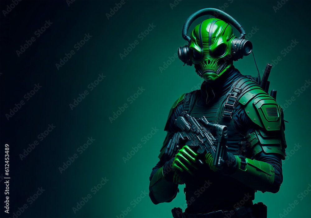 Portrait of stylish green alien in military wear of extraterrestrial ...