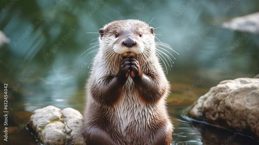 A delightful image of an otter holding a small rock to its chest, mimicking a heartfelt gesture ...